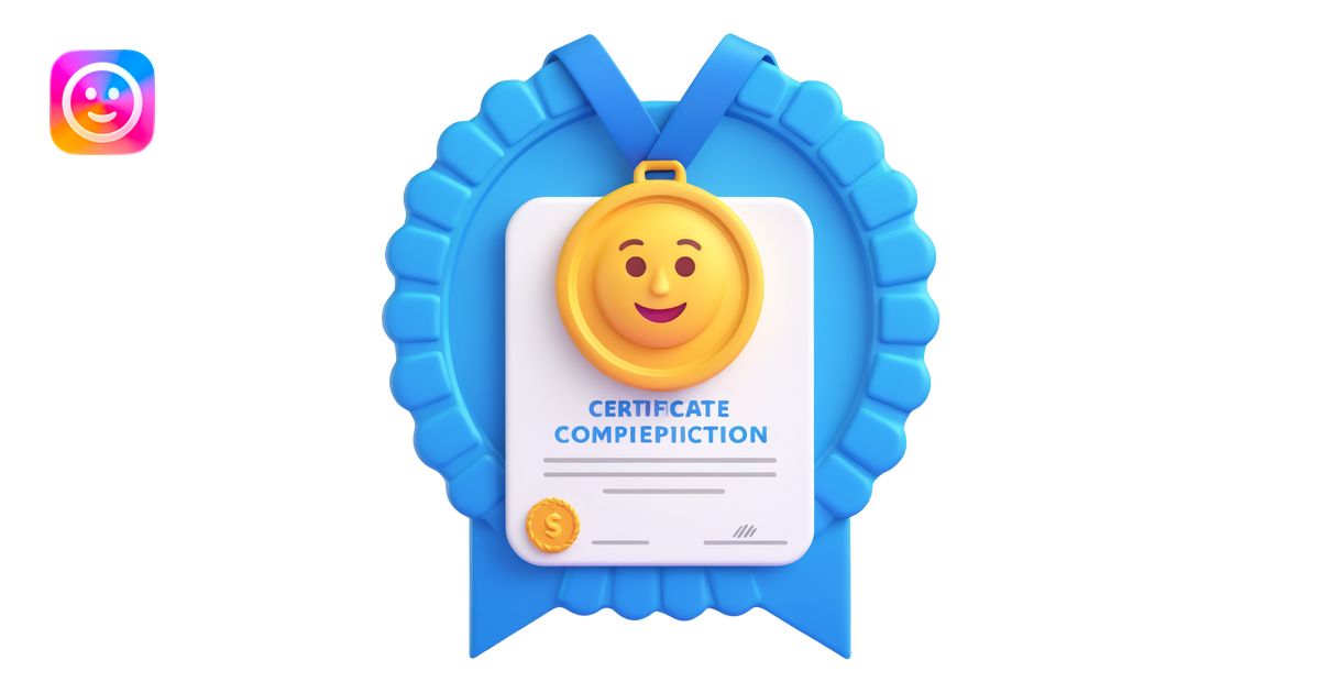 certificate of completion with a blue medal sticker, iPhone style 3D ...