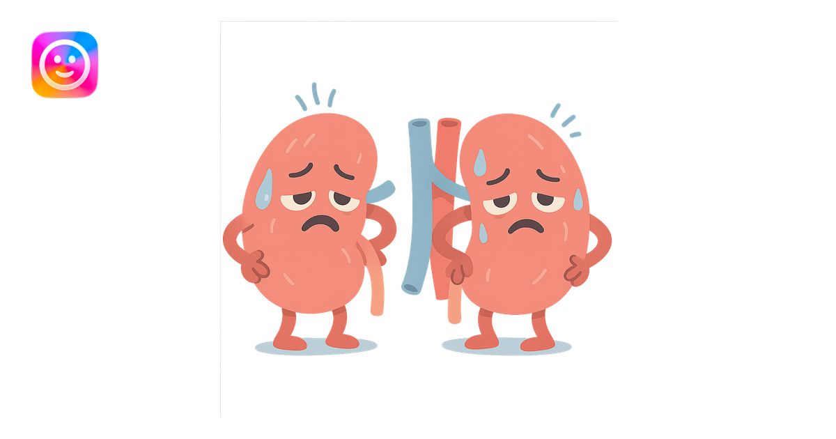 cartoon kidneys with stress lines and sweat, holding their sides, tired ...
