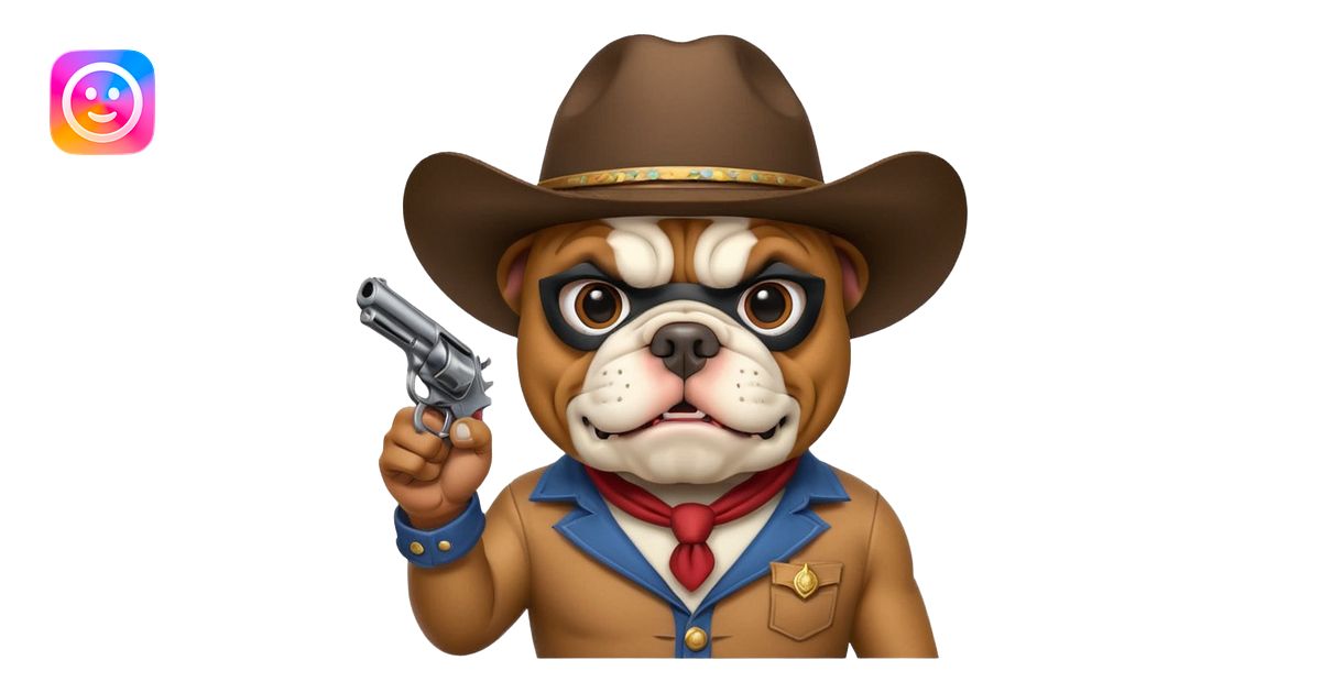 A bulldog wearing a cowboy hat, wearing a mask, pointing a revolver at ...