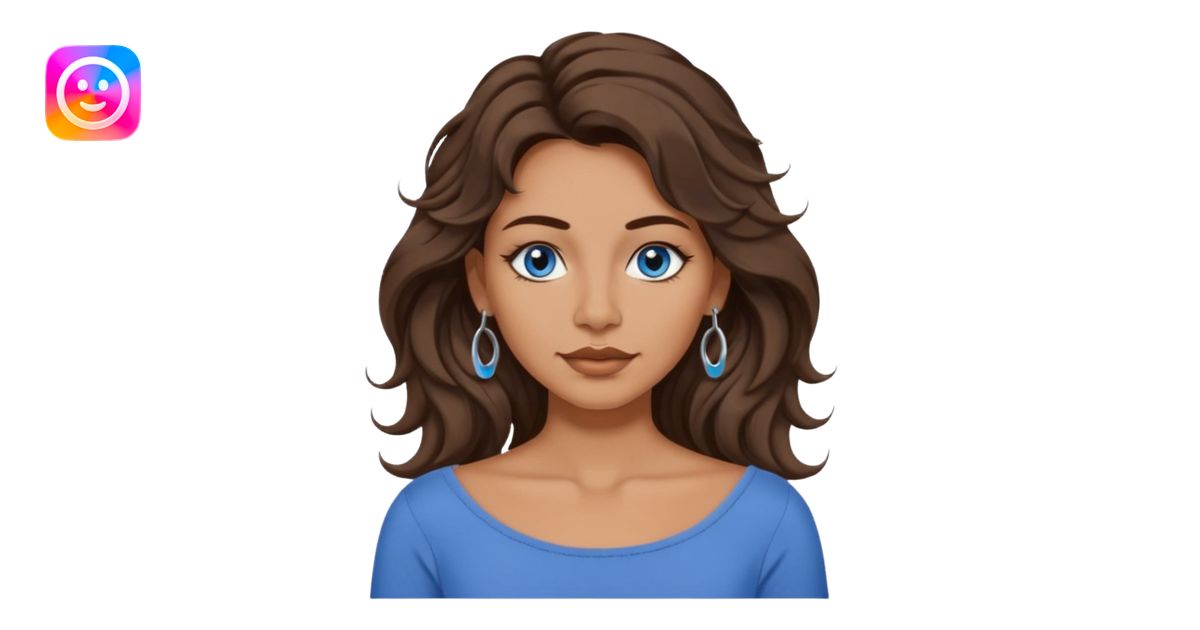 female emoji with long wavy brunette shag hair, blue-grey eyes ...