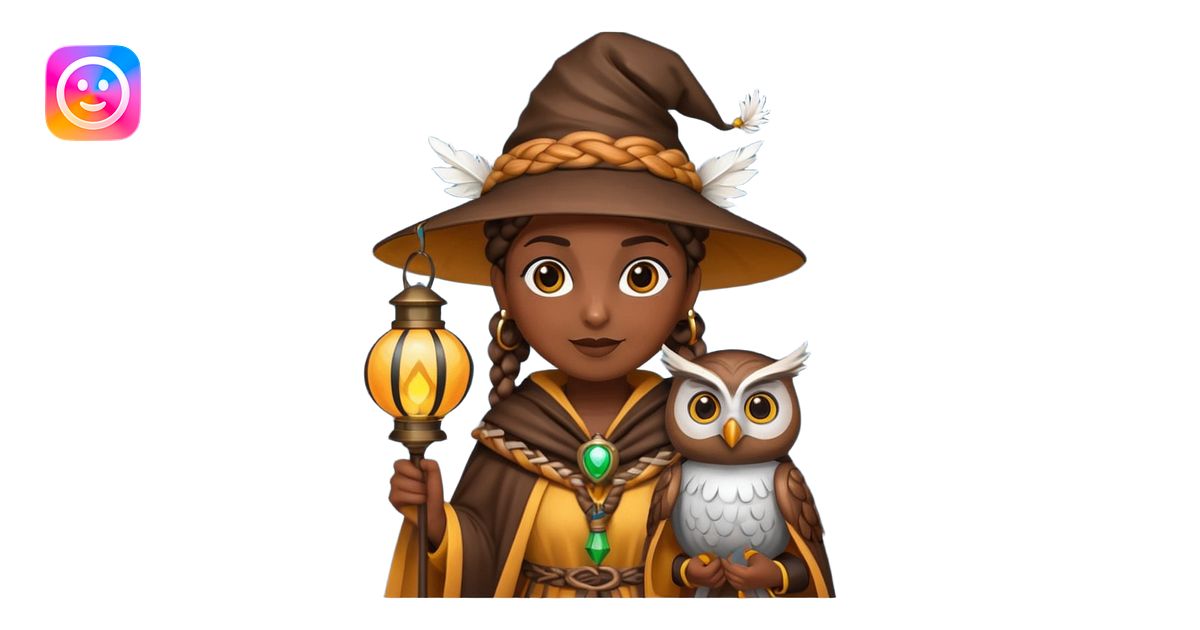 woodland emoji character, dark skin woman with braids dressed as owl ...