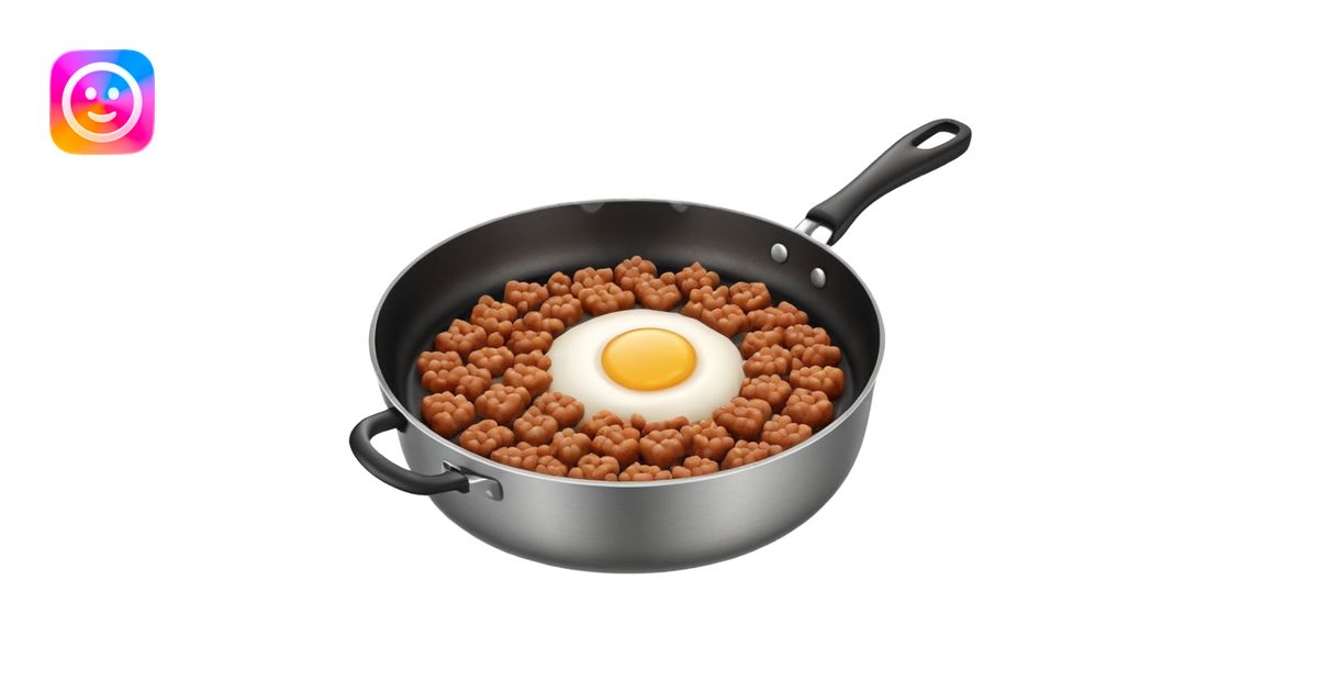 A 3D cartoon frying pan with minced meat being cooked, slight steam ...