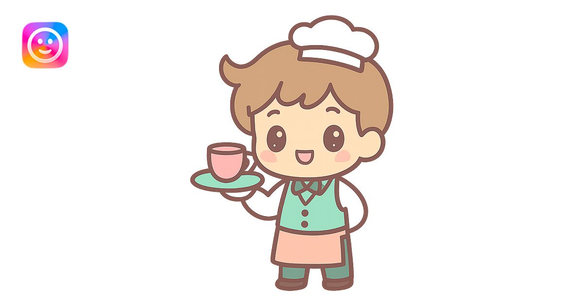waiter, kawaii chibi anime style, flat pastel colors, thick outlines ...