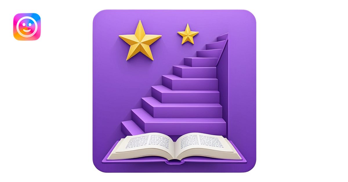 Minimal purple icon: an open book turning into a rising staircase with ...