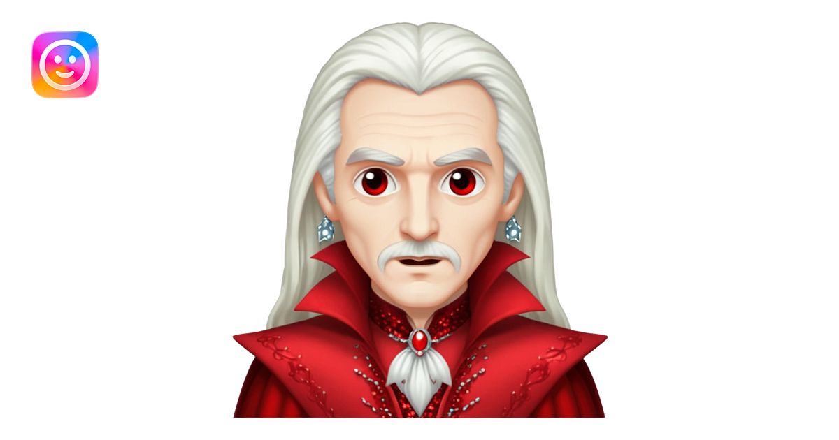 Dracula with long white hair, red sequin outfit emoji | AI Emoji Generator