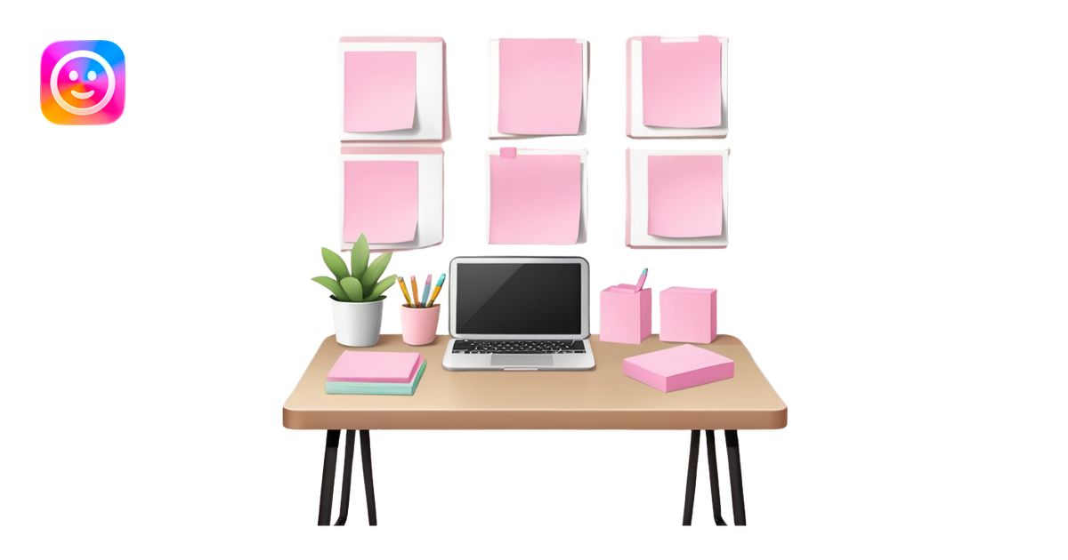 Study desk with pastel pink sticky notes on the wall, soft natural ...