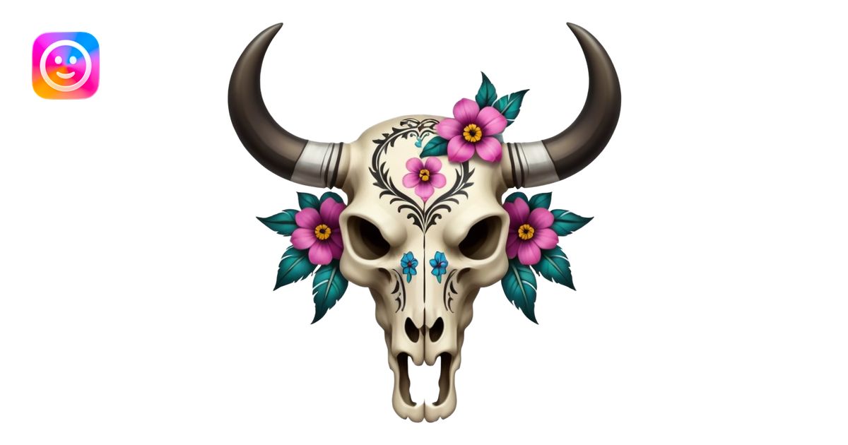 Aesthetic asymmetry bull skull cranium with flowers, black painted ...