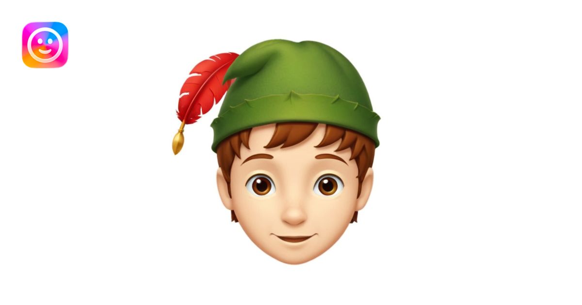 Peter Pan's head, classic green hat with red feather, youthful face ...