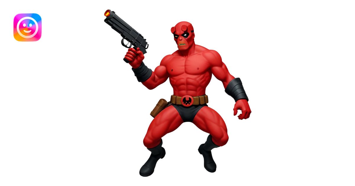 cinematic realistic superhero Hellboy by Mike Mignola jumps and shoots ...