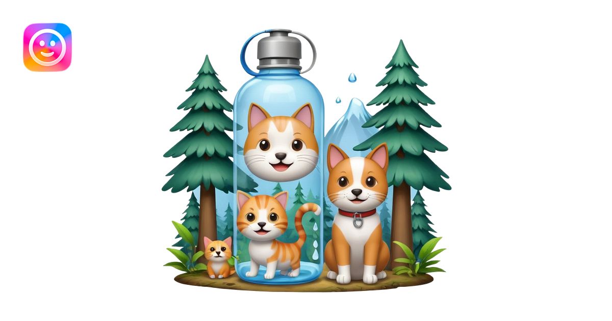 make a water bottle smile in a forests with a cat and dog emoji | AI ...