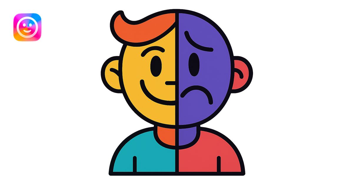 a two-faced character, one side happy and one side sad, vibrant cartoon ...
