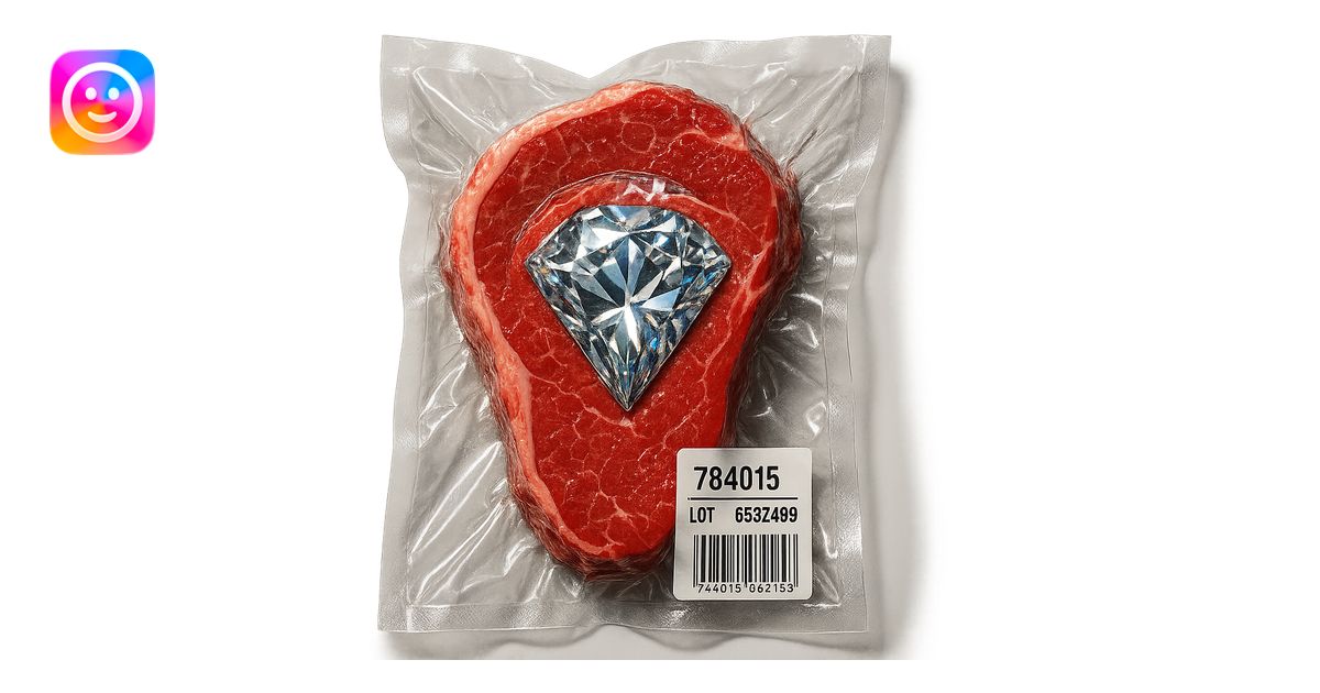 meat steak with sparkling diamond facets, glossy and puffy, vacuum ...