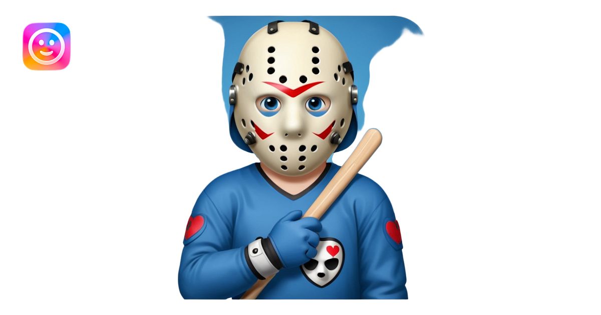 a cartoon image of Jason Voorhees, looking cute, with his hands clasped ...