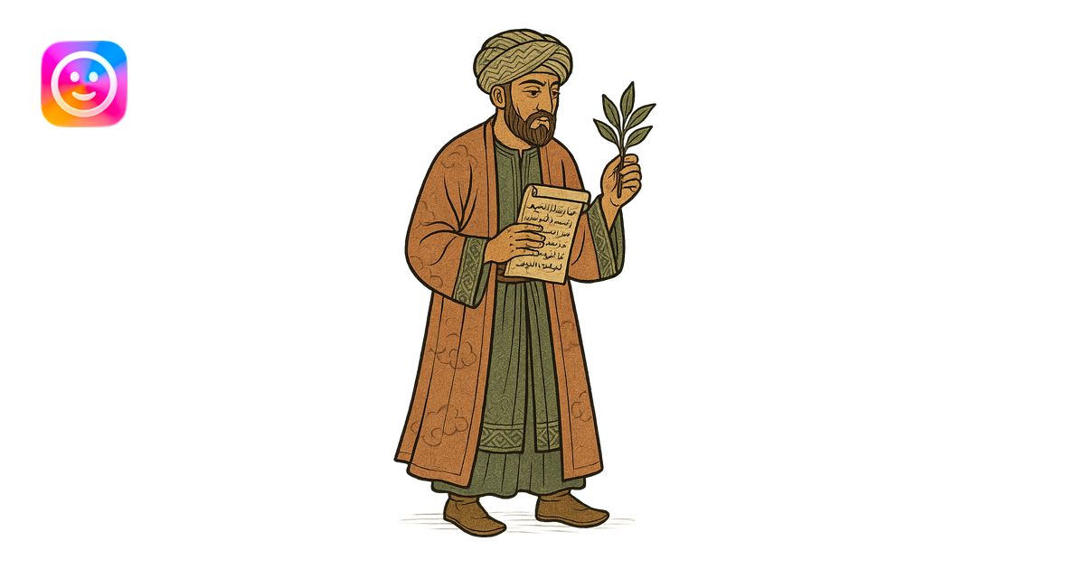The full body of a medieval islamic doctor holding a medieval script ...