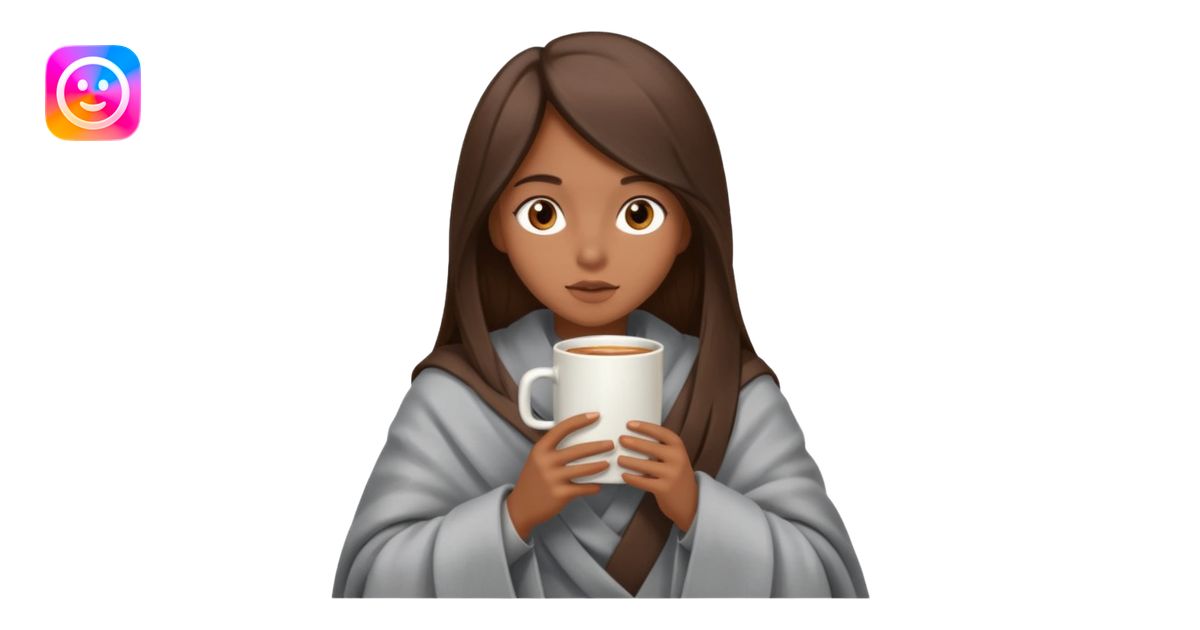 A girl with brown eyes, an ios emoji, long straight hair, wrapped in a ...