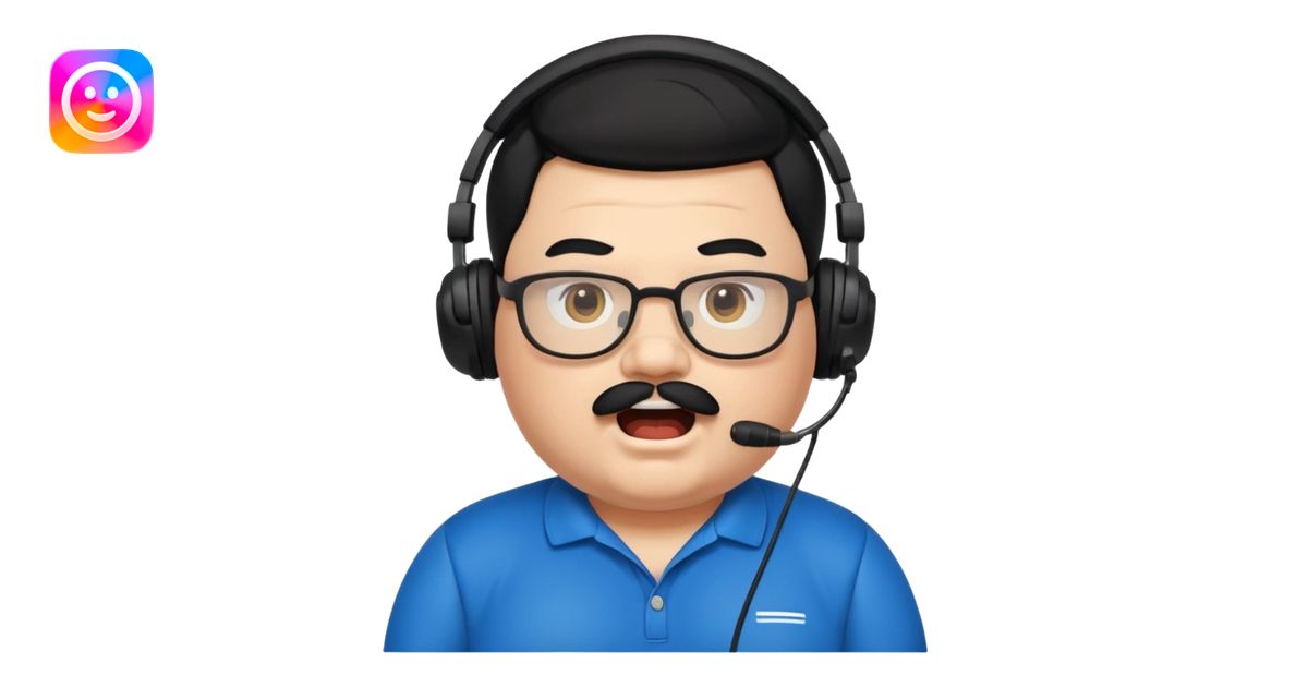 "A cartoon-style emote of a chubby streamer with black hair, mustache ...