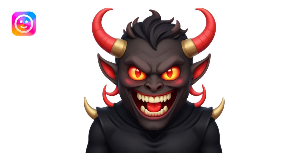 “Scary demon emoji, evil human-like laugh, black clothes, big curved ...