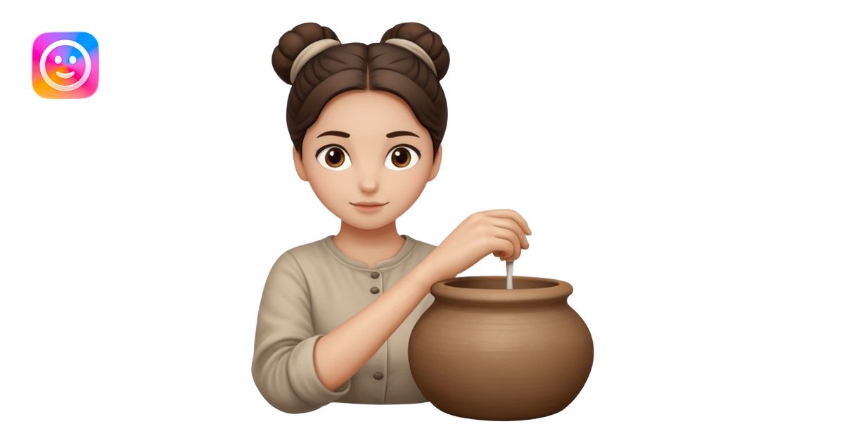 Brunette girl with a bun, behind the potter's wheel, wearing neutral ...