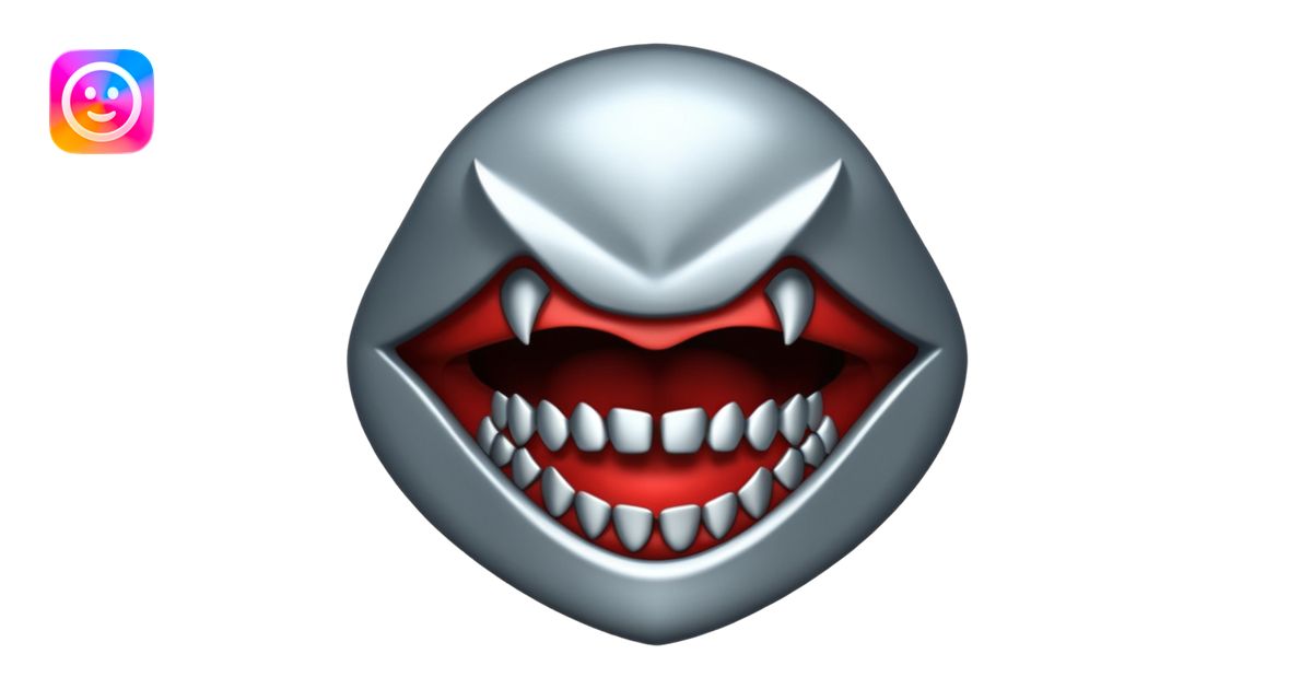 Stylized emoji icon of metallic teeth with sharp fangs, chrome texture ...