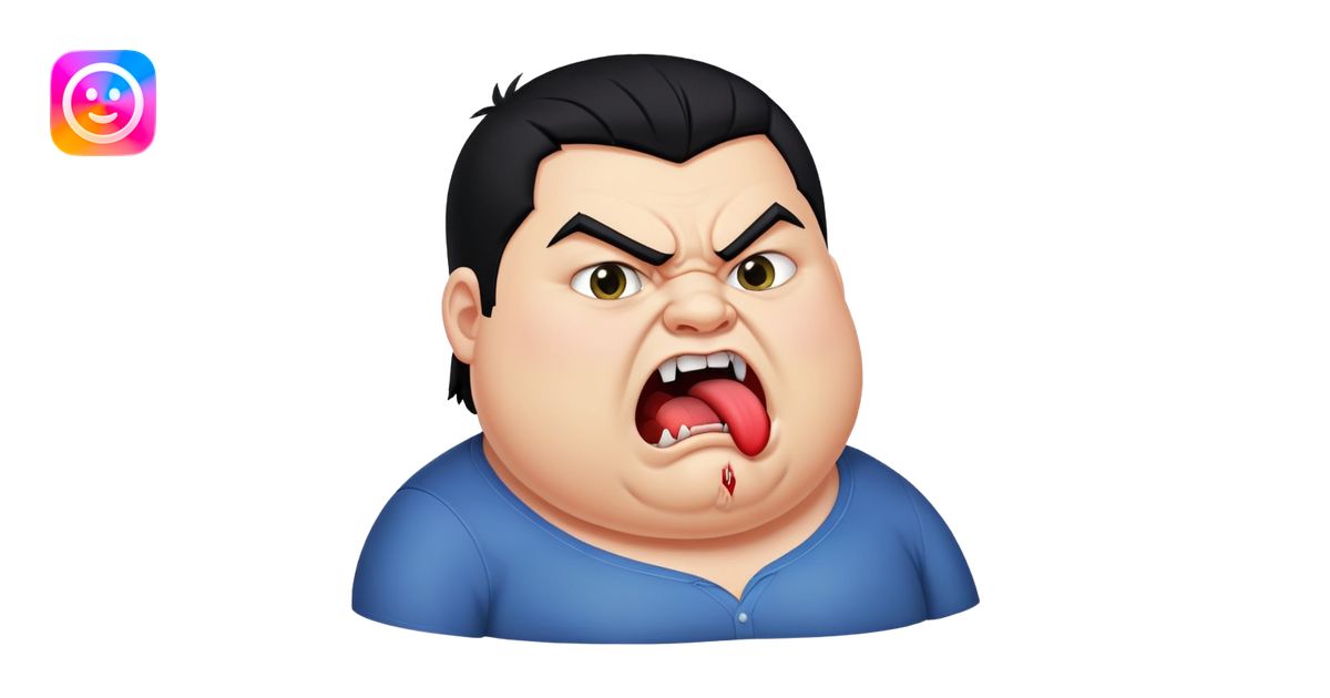 chubby young angry man in profile view with black hair, sharp fangs ...