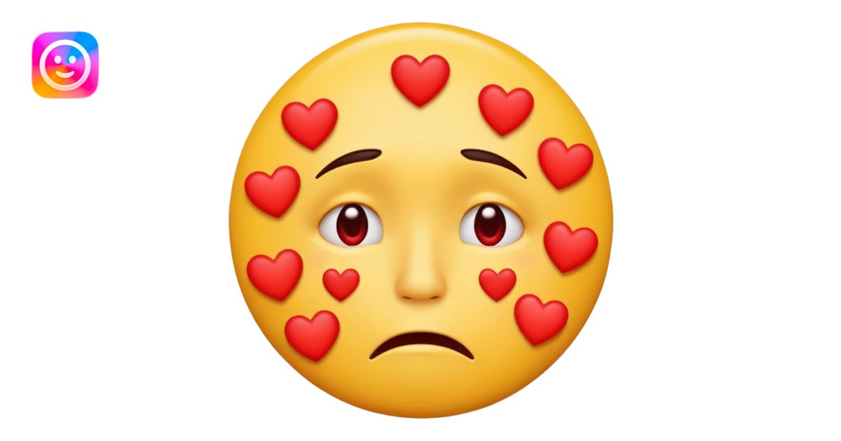 A yellow circular frowning face that is crying, with a dozen hearts ...