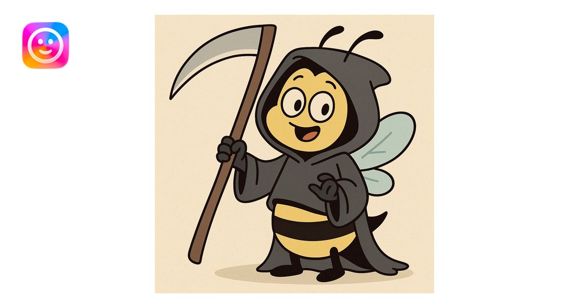 cartoon bee dressed as a playful and cute grim reaper, holding a scythe ...