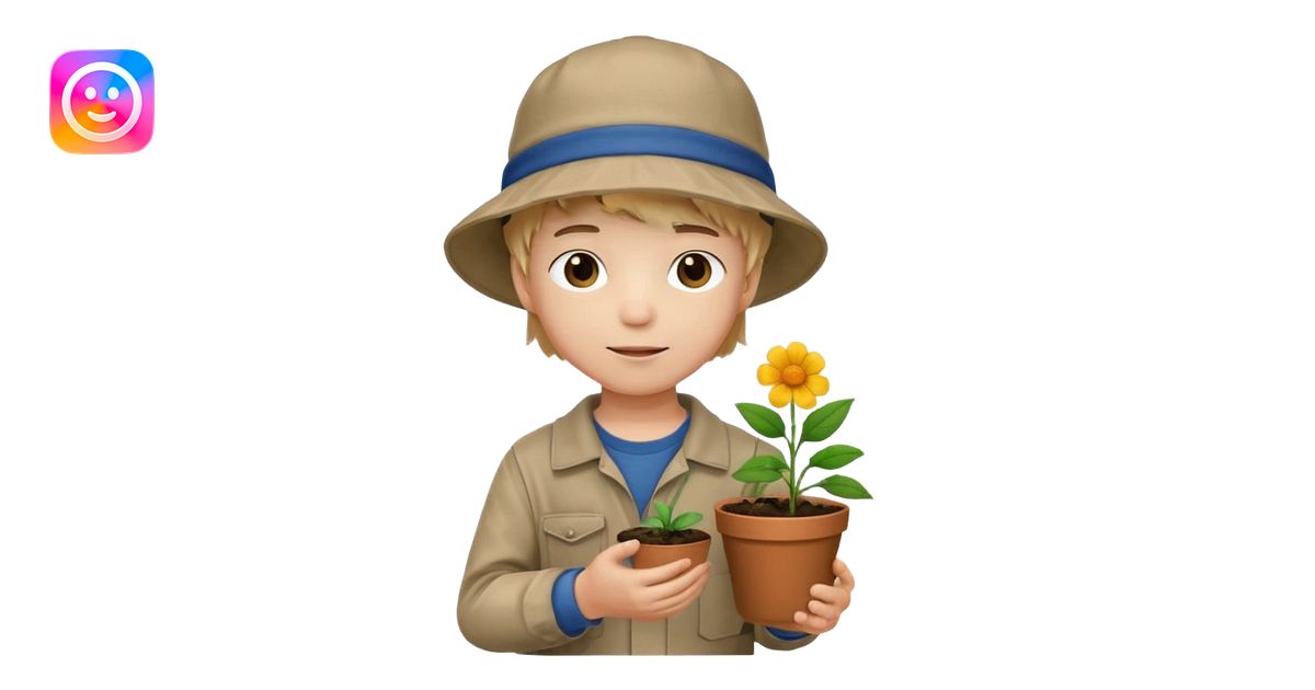 young boy wearing bucket hat, holding a flower pot emoji | AI Emoji ...