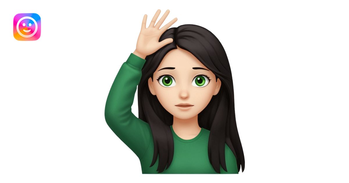 Animated girl dark long hair green eyes emoji holding right side of the ...