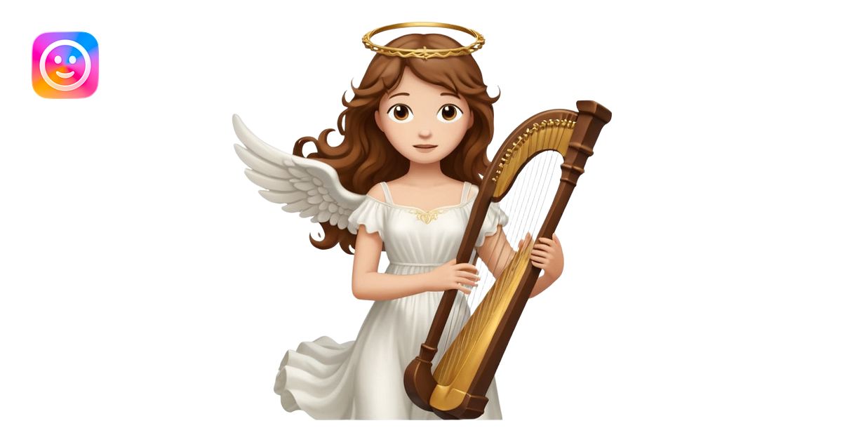 Female angel holding harp with flowing brown hair emoji | AI Emoji Generator