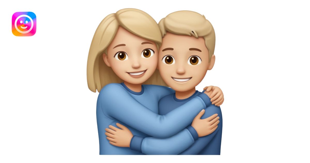 two people hugging side by side, smiling, rounded cute style, soft ...