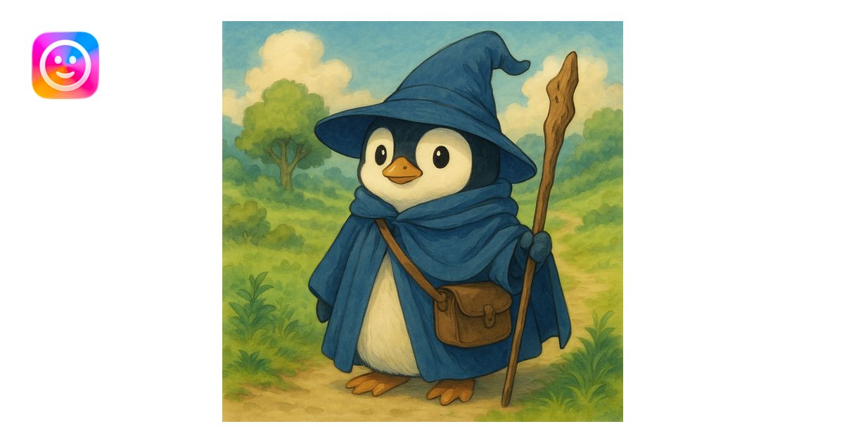 A penguin wizard holding a magic staff in ghibli style illustration ...