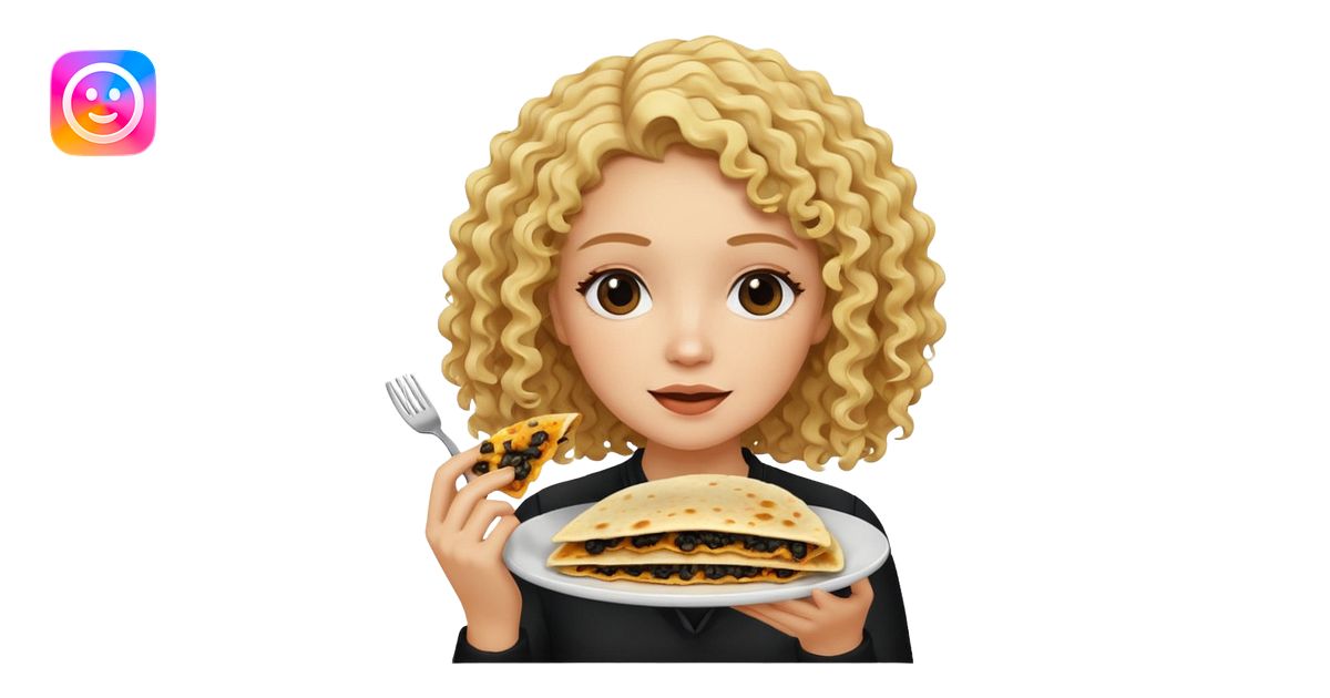 mujer con pelo rubio rizado comiendo quesadillas quemadas negras emoji ...