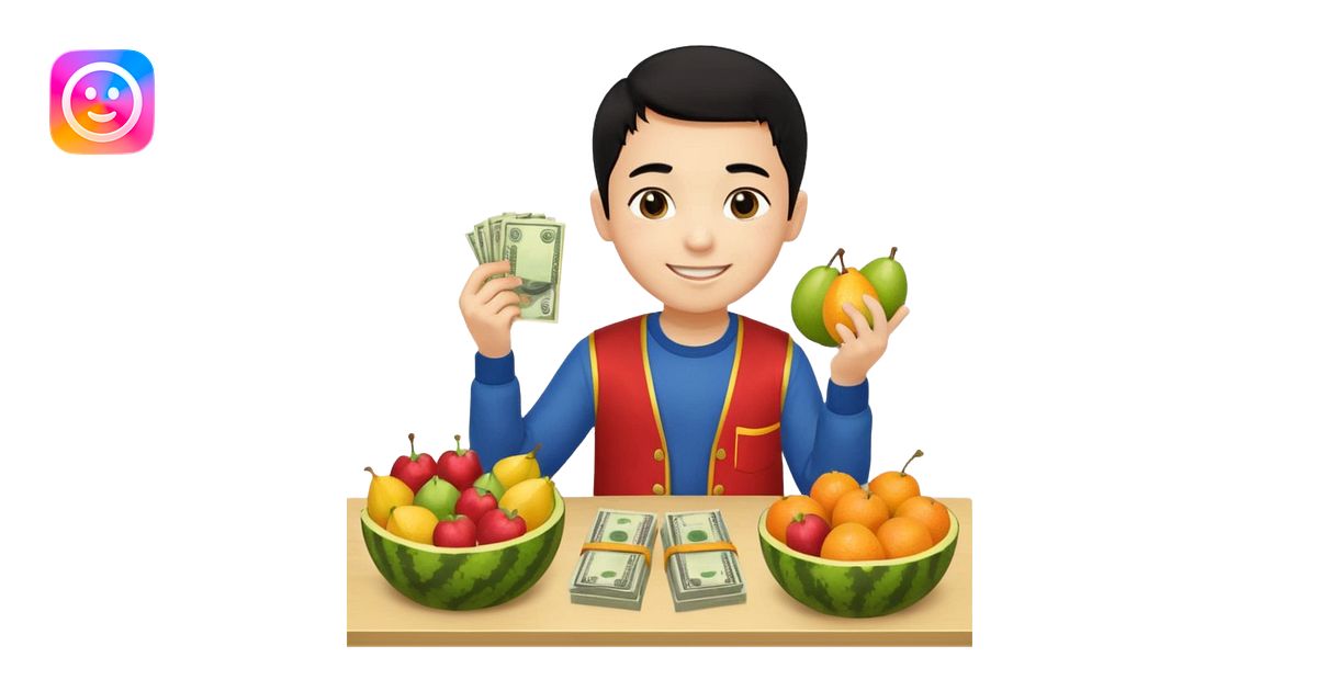 chico piel clara pelo negro con ropa de frutero sentado en una mesa ...