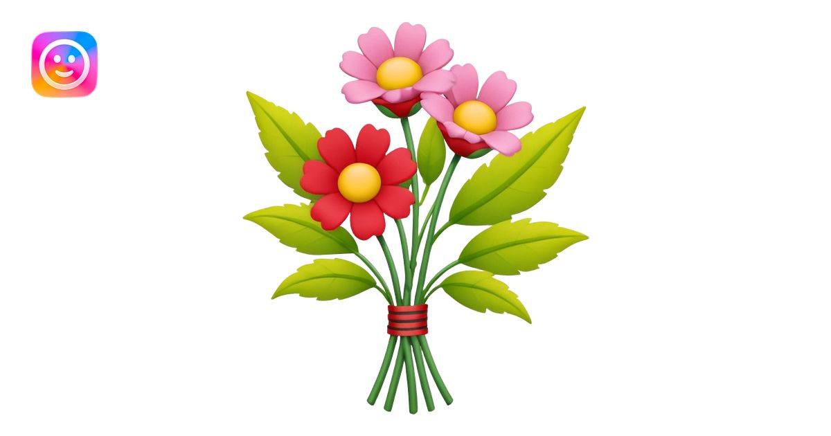 Two flowers one pink and one red in yellow bouquet with red band emoji ...