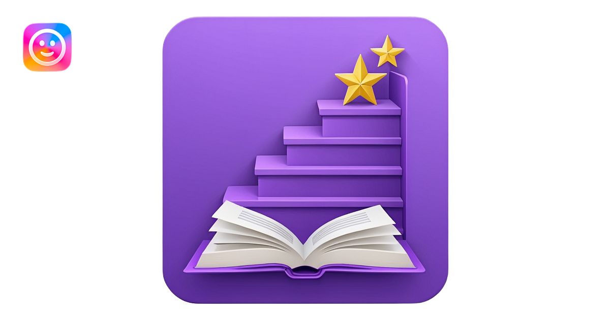 Minimal purple icon: an open book turning into a rising staircase with ...