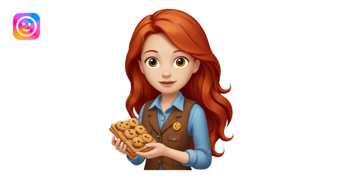 white girl scout with red long hair selling cookies with a brown vest ...