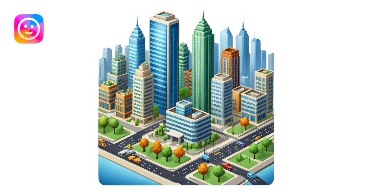 An icon showing a city-building game interface, inspired by Sim City ...