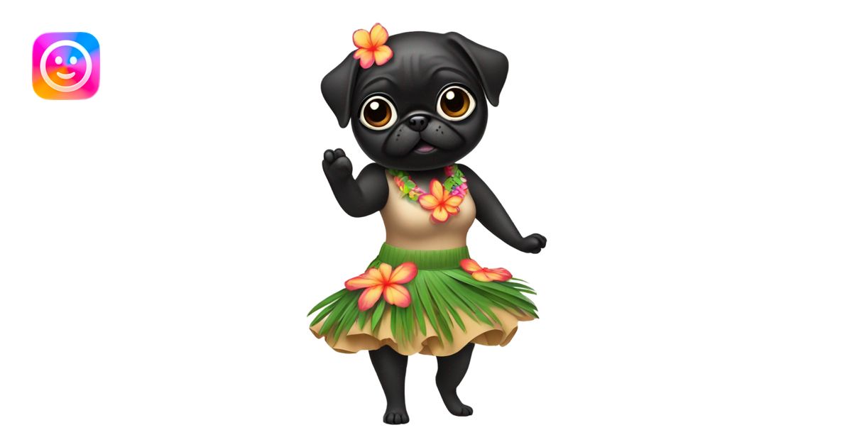 Black pug in a Hawaiian hula girl dress dancing emoji | AI Emoji Generator
