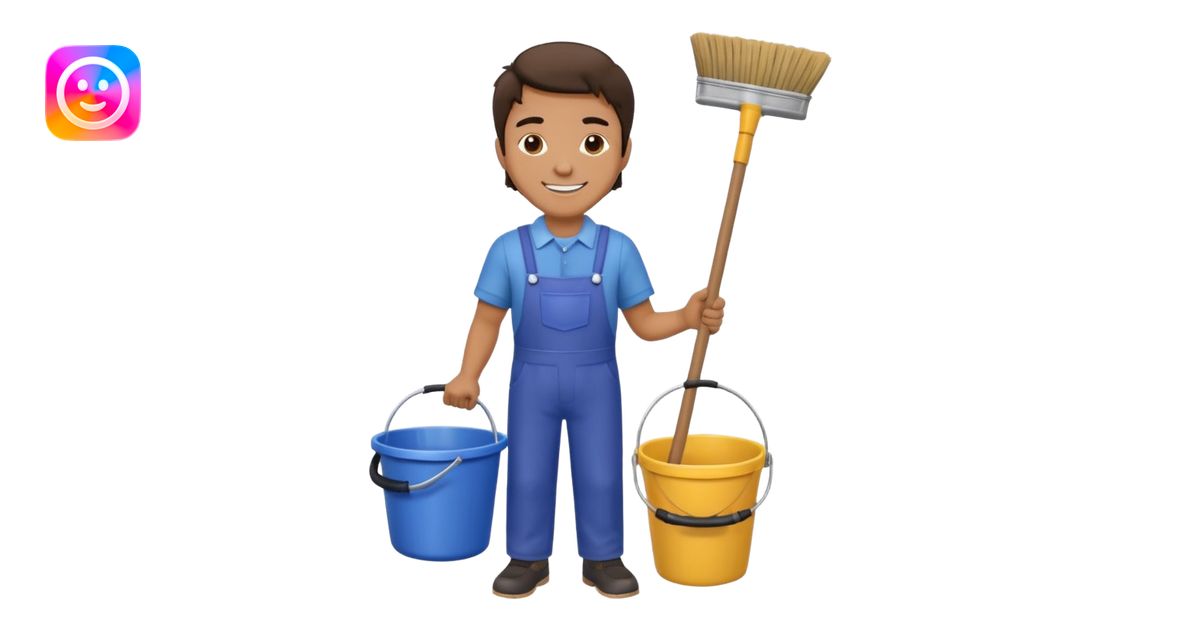 man in cleaning clothes, holding a broom and a bucket emoji | AI Emoji ...