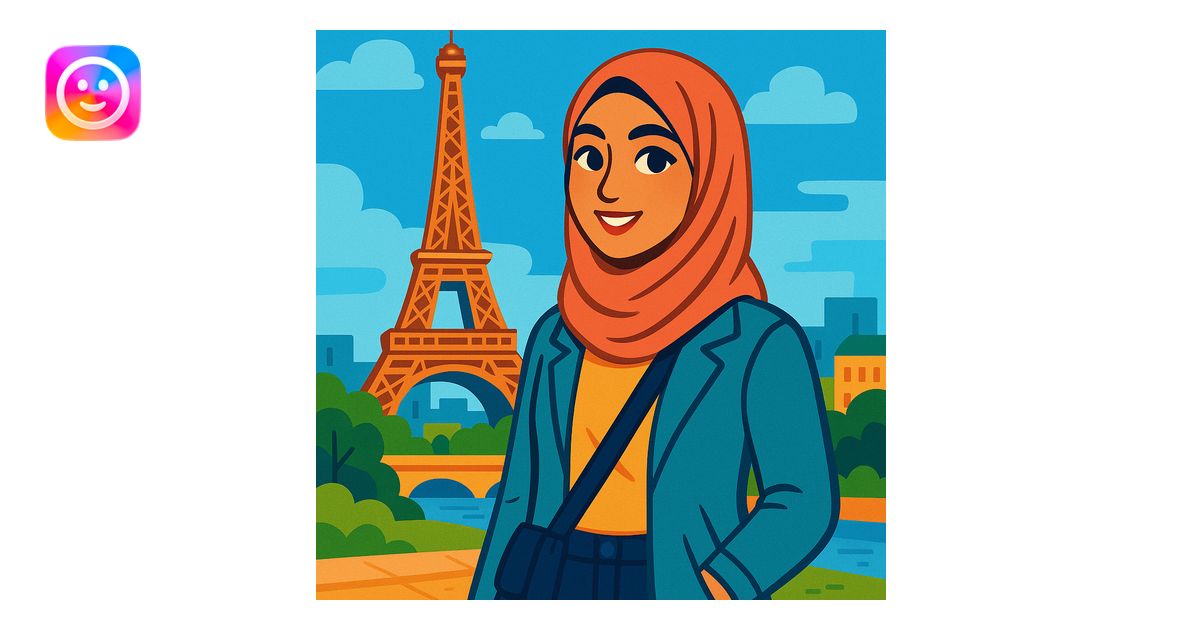 A hijabi woman standing in front of the Eiffel Tower, Paris, wearing a ...