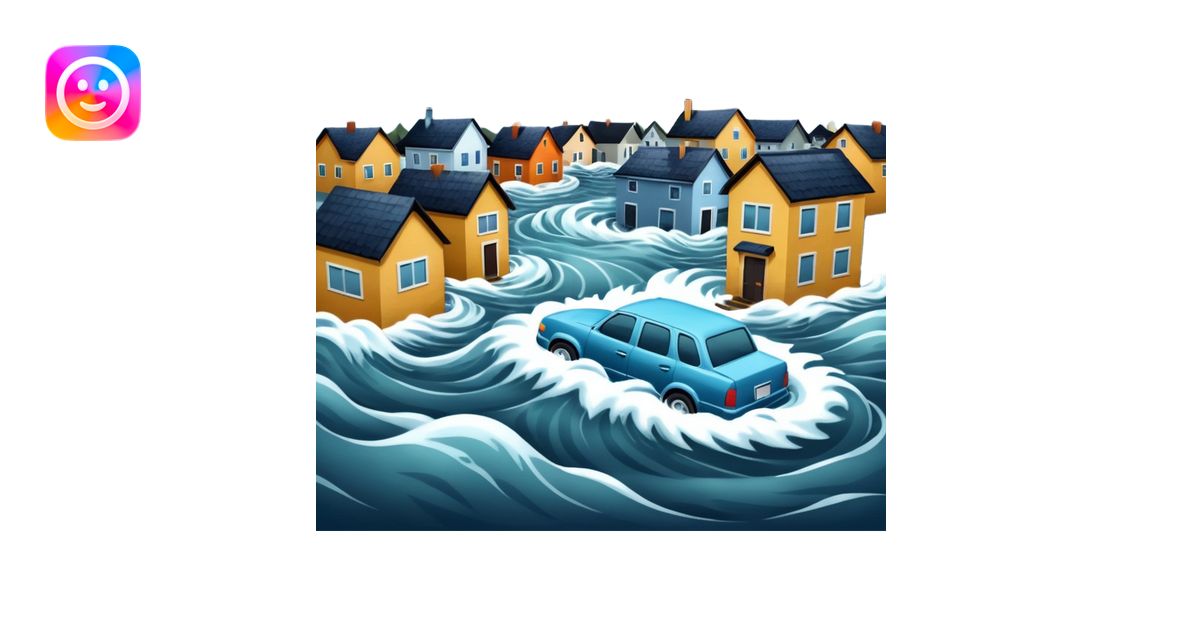 showing a flood disaster scene with strong water waves overflowing ...