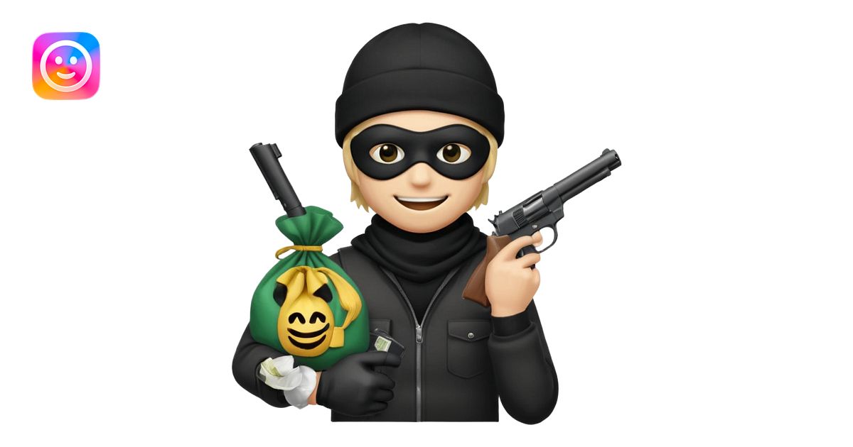 smiley robber wears black eye mask and black beanies with one money bag ...