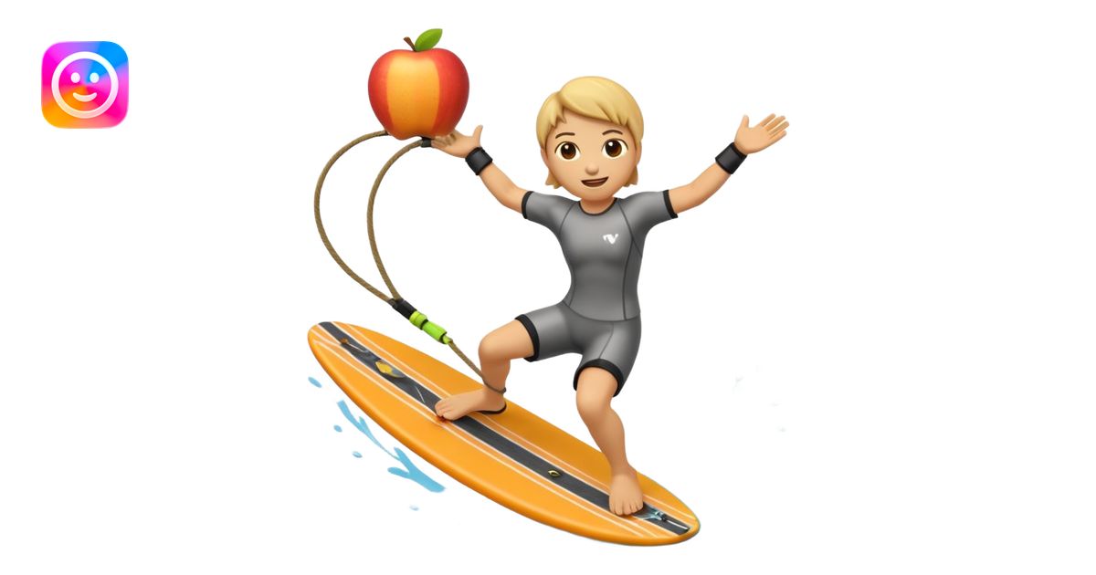 "Apple 3D emoji-style character wakeboarding mid-jump, with arms ...