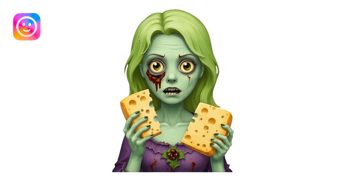 woman zombie holding moldy cheese piece emoji | AI Emoji Generator