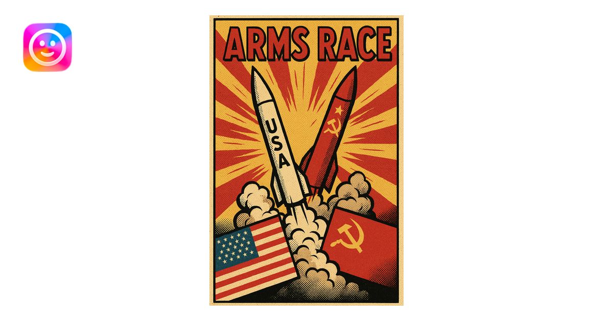 An poster showing the image of an ARMS RACE between the USA and Soviet ...