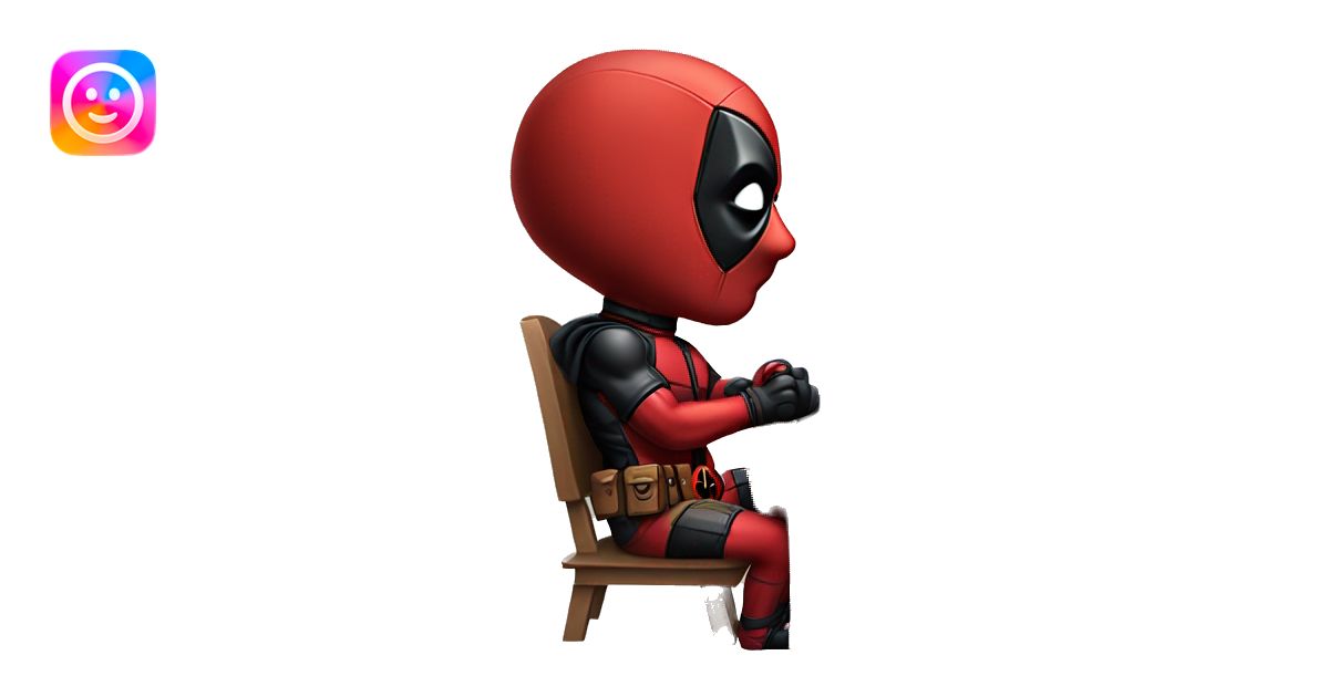 Cute Deadpool sitting at a desk, front view emoji | AI Emoji Generator