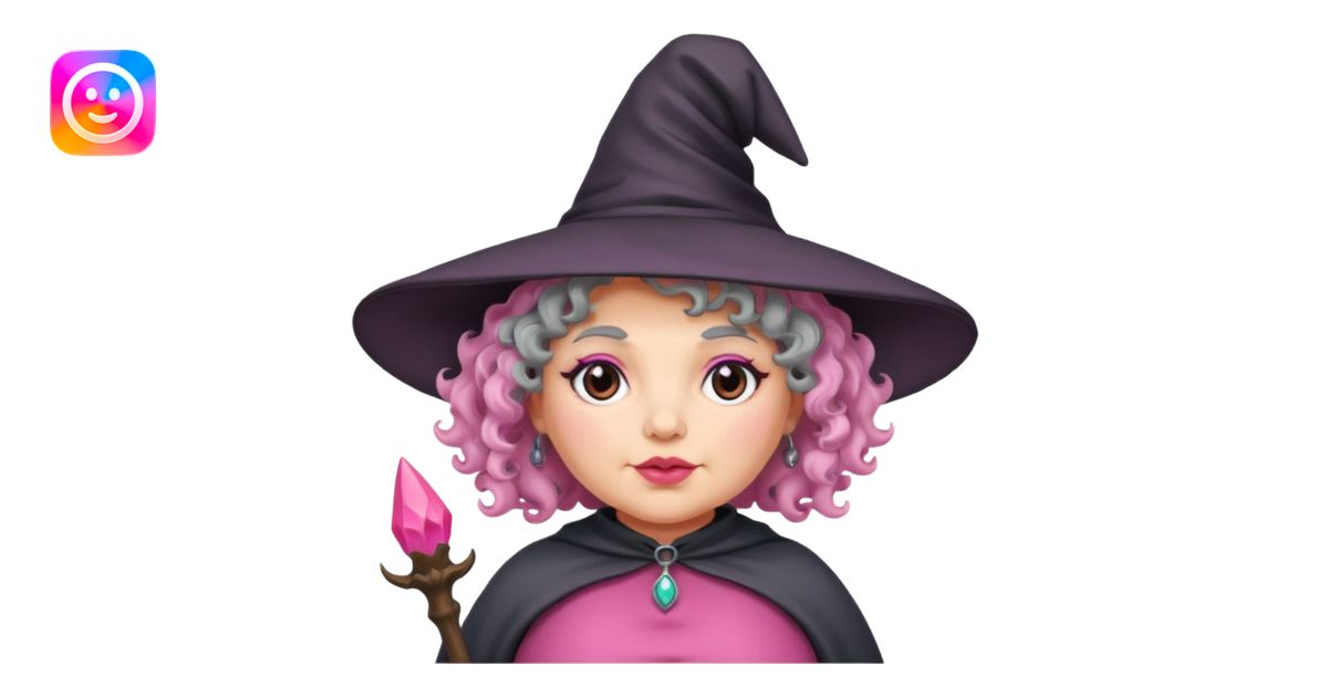 plump witch with pink skin, grey curl hair emoji | AI Emoji Generator