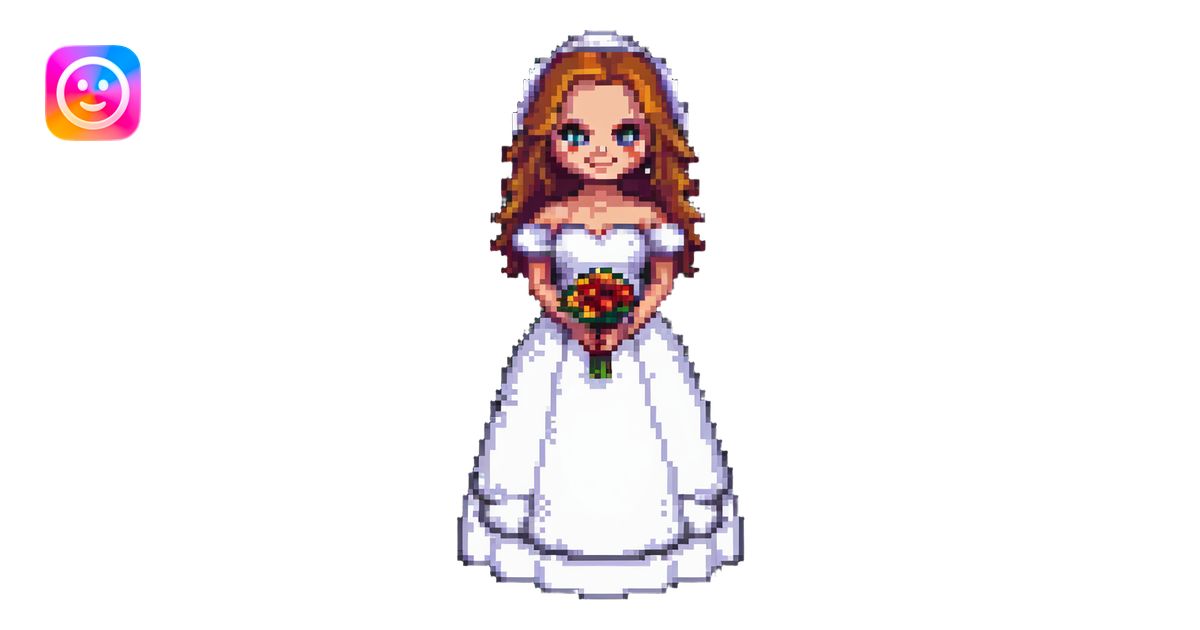 Chucky's bride in a wedding dress standing and smiling in pixel art ...