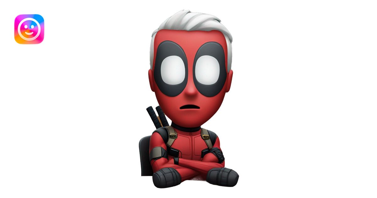 Cute Deadpool sitting at a desk, front view emoji | AI Emoji Generator