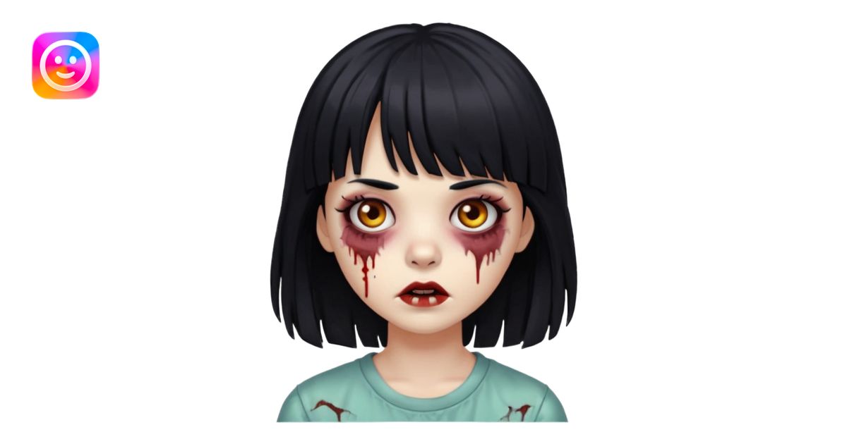 Zombie girl, black hair with bangs, slightly wavy, layered haircut,long ...